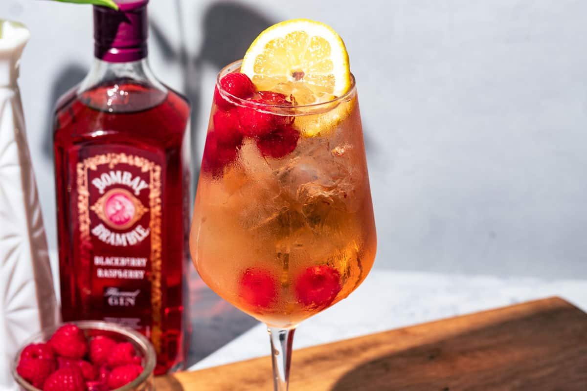 Bramble Pink Gin Spritz Cocktail with Raspberries - A Grateful Meal